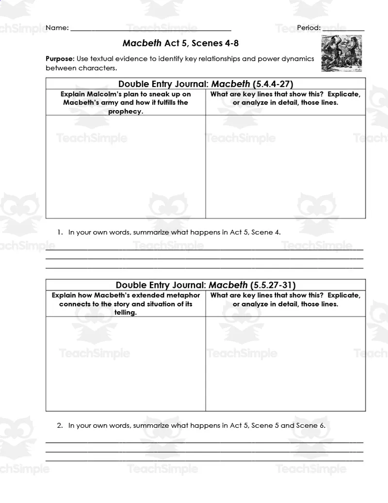 Macbeth Act 5 Scenes 4 8 Double Entry Journals By Teach Simple