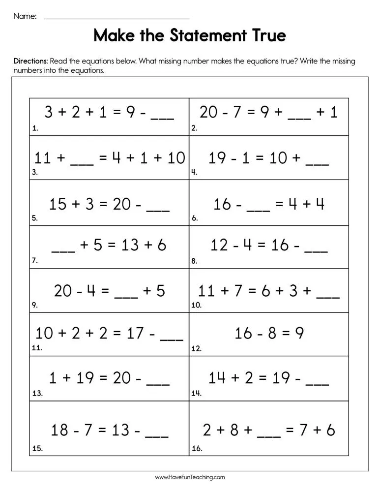 Make the Statement True Addition Subtraction Worksheet by Teach Simple
