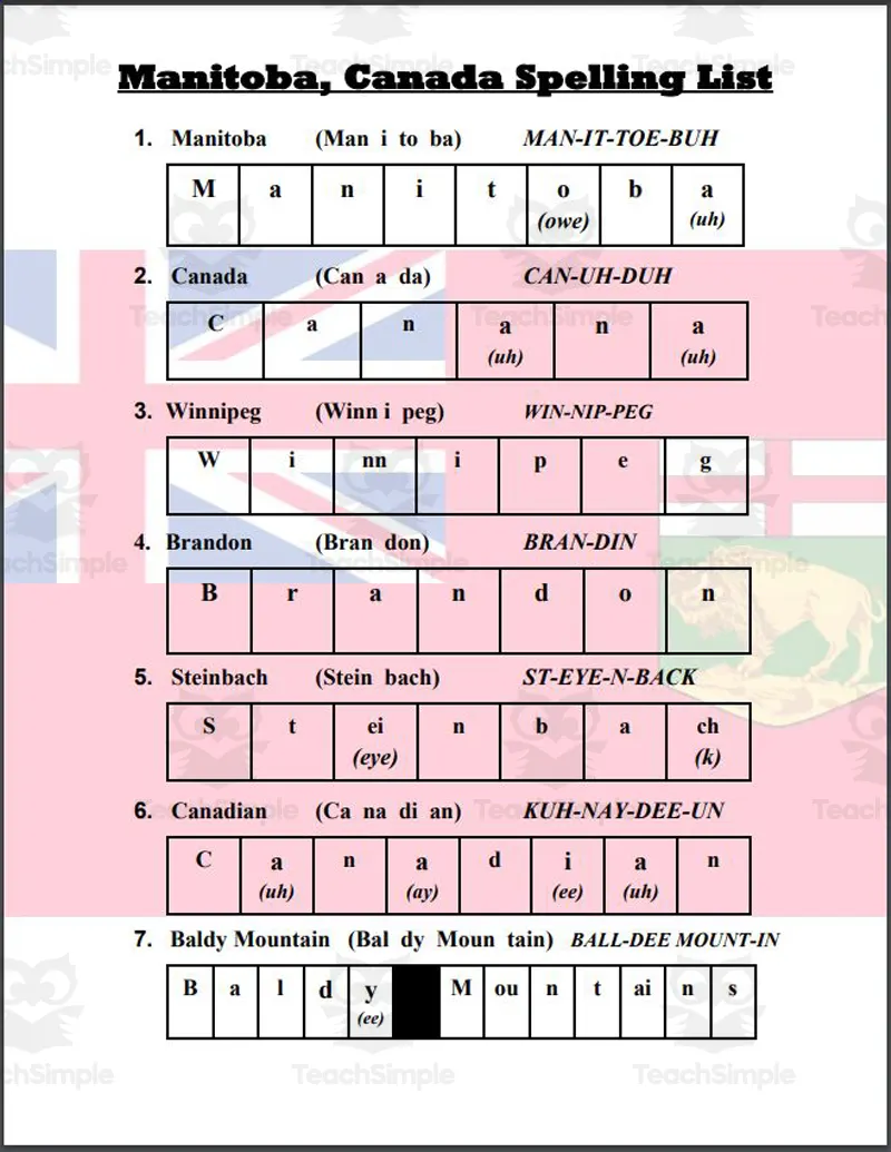 Manitoba (Canada) Spelling List by Teach Simple