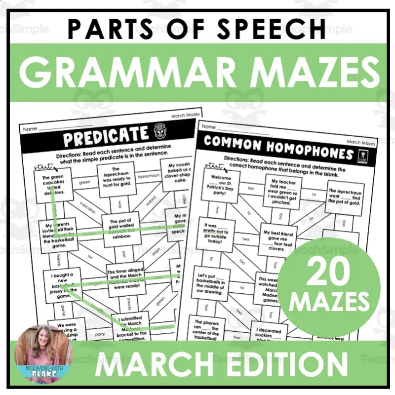 March Parts of Speech Grammar Review Packet by Teach Simple