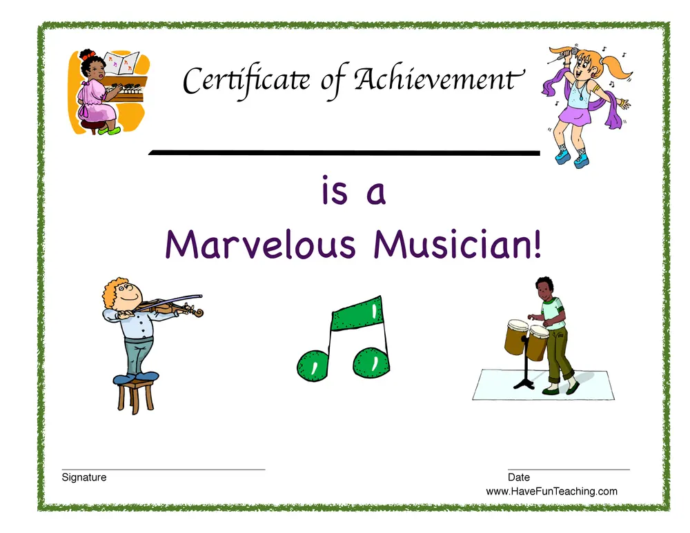 Marvelous Musician Reward Certificate by Teach Simple