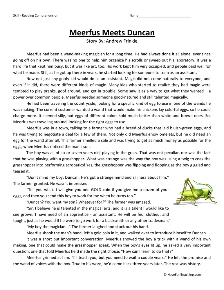 Meerfus Meets Duncan Reading Comprehension Worksheet by Teach Simple