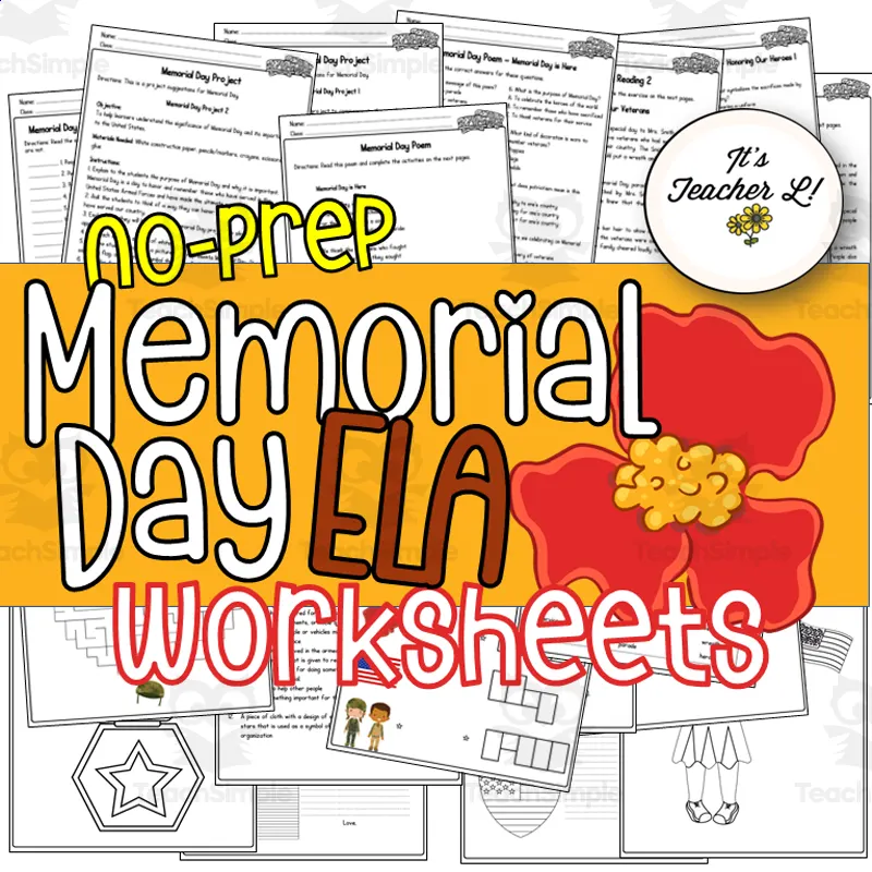 Memorial Day No-Prep ELA Worksheets by Teach Simple