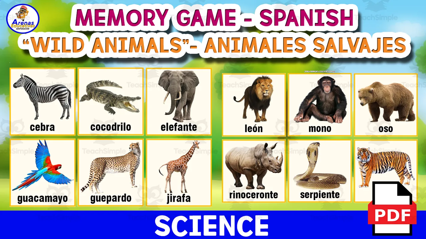 MEMORY GAME IN SPANISH - WILD ANIMALES (Animales Salvajes) by Teach Simple
