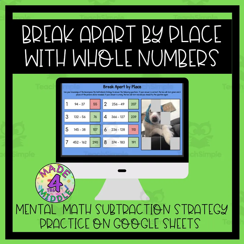 Mental Math Mystery Picture Reveal: "Break Apart by Place" Subtraction ...