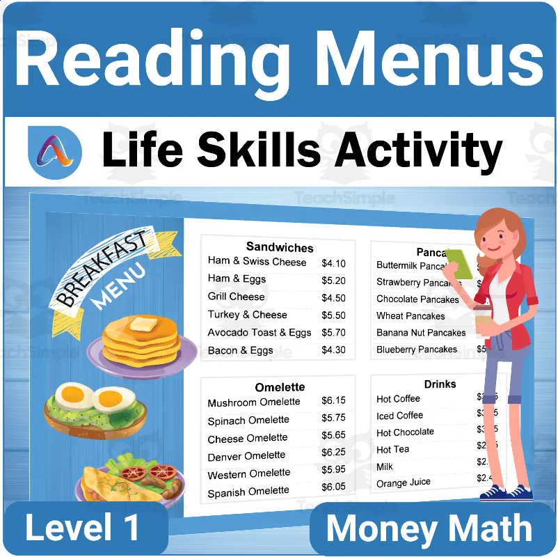 Money Math Life Skills Worksheet: Reading Restaurant Menus Level 1 by ...