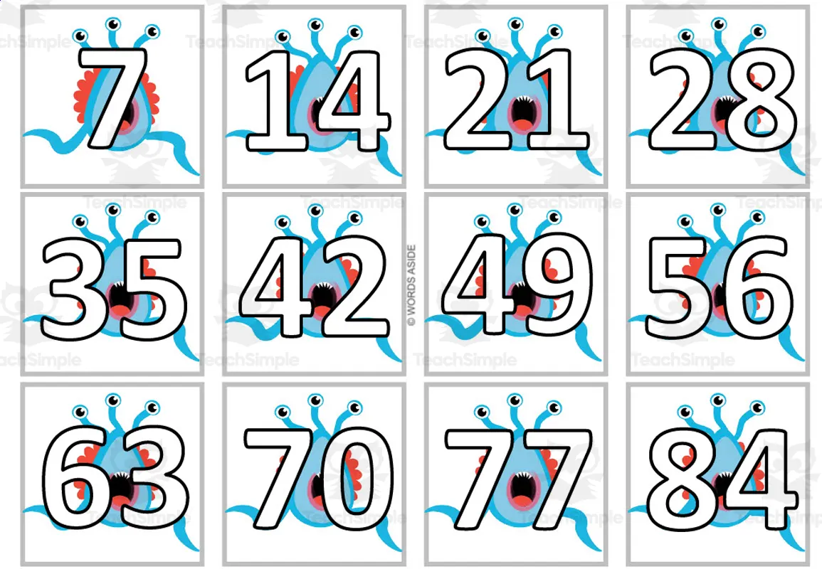 Monster Multiplication Colored Cards x7 by Teach Simple