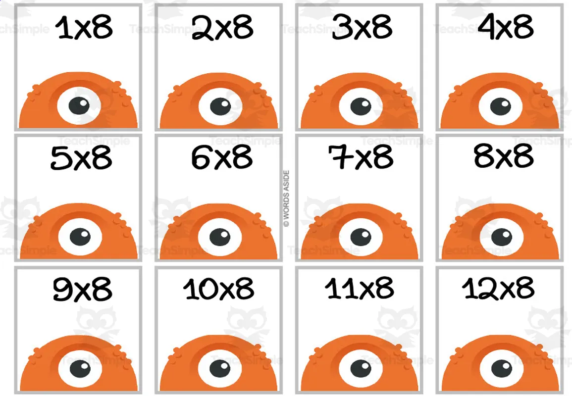 Monster Multiplication Colored Cards x8 by Teach Simple