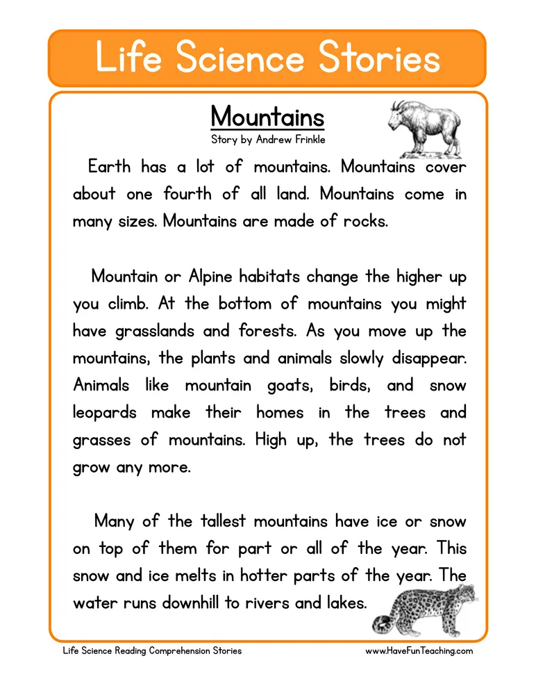 Mountains Life Science Reading Comprehension Worksheet by Teach Simple