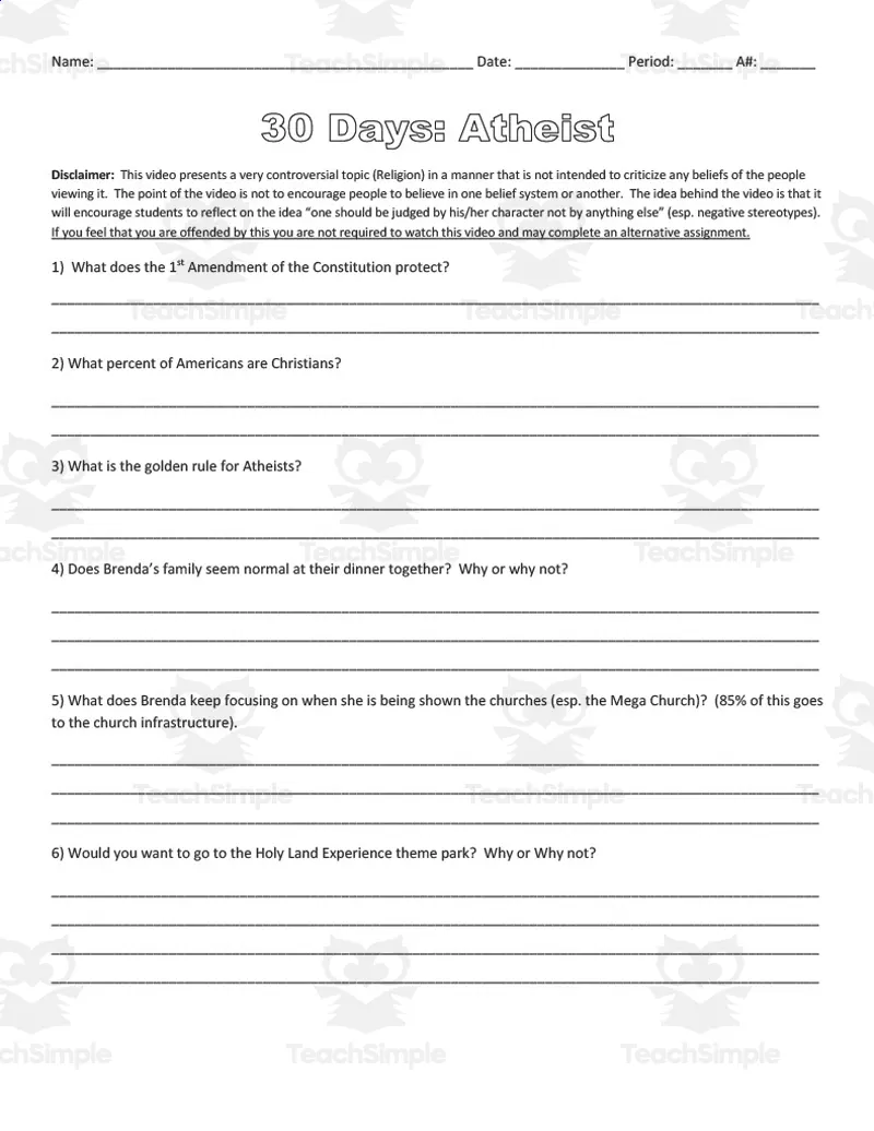 Movie Guide: 30 Days Atheist | Comprehension Questions by Teach Simple