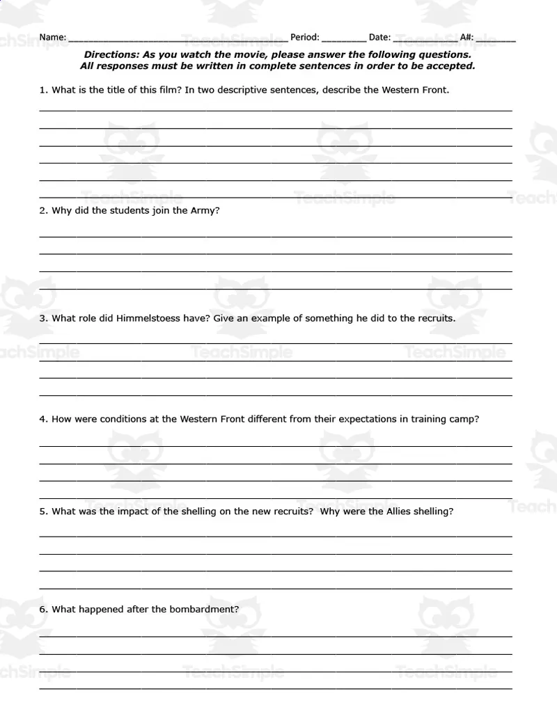 Movie Guide: All Quiet on the Western Front | Comprehension Questions ...