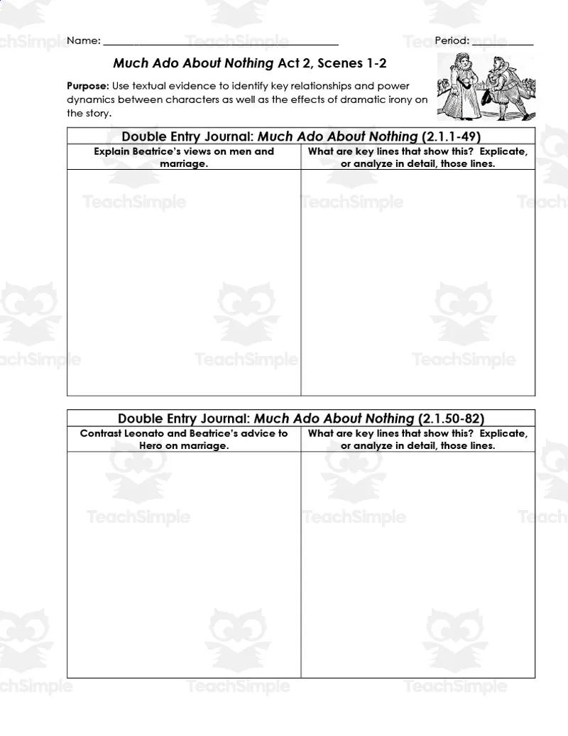 Much Ado About Nothing Act 2 Scenes 1 2 Double Entry Journals By