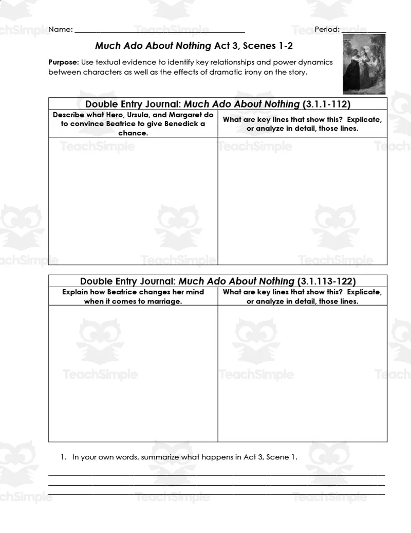 Much Ado About Nothing Act 3, Scenes 1-2 | Double Entry Journals by ...