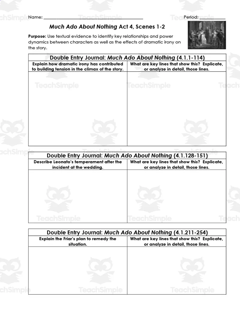 Much Ado About Nothing Act 4, Scenes 1-2 | Double Entry Journals by ...