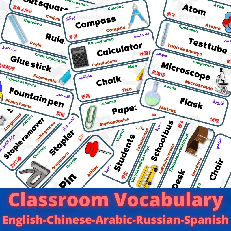 Multilingual ESL Classroom Vocabulary in Five Languages by Teach Simple