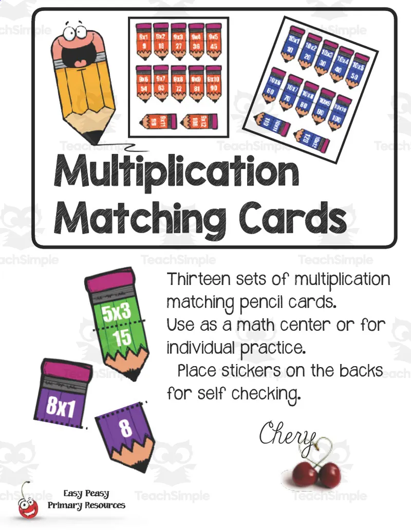 Multiplication Pencil Matching Cards Activity by Teach Simple
