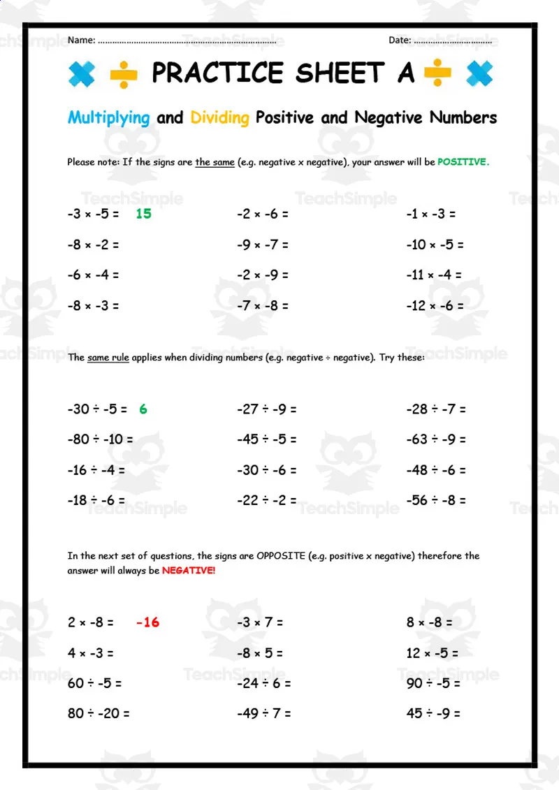 Multiplying Dividing Positive And Negative Numbers Practice Sheet A