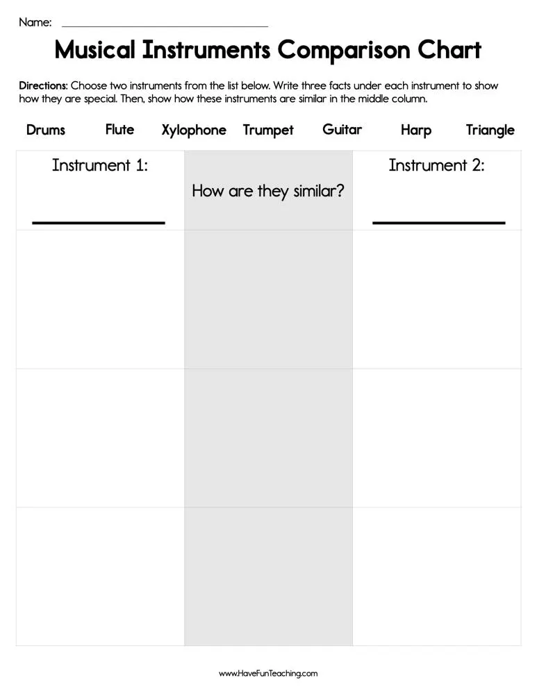 Musical Instrument Comparison Chart Worksheet by Teach Simple