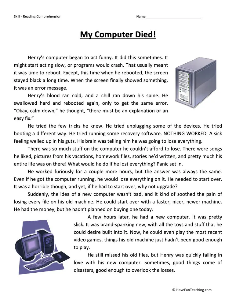 My Computer Died Reading Comprehension Worksheet by Teach Simple My Computer Died Reading Comprehension Worksheet by Teach Simple