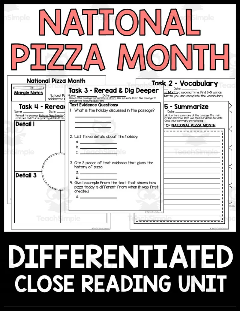 National Pizza Month Close Reading by Teach Simple