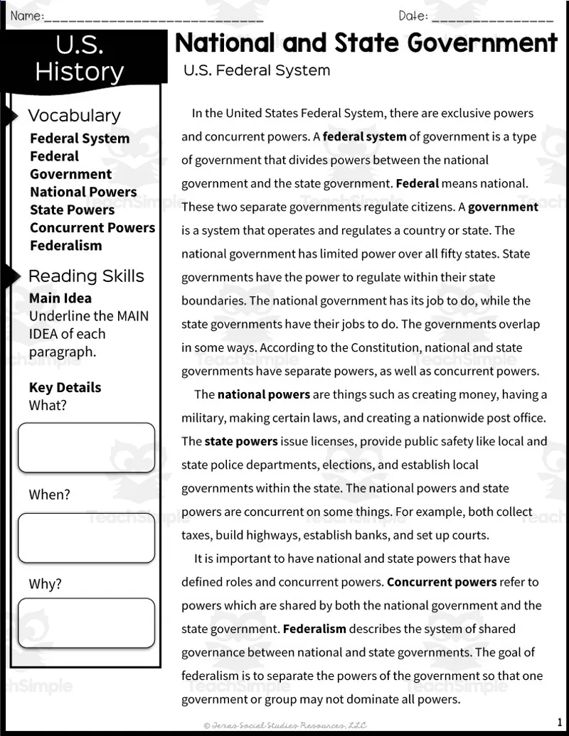 National + State Government Reading Packet by Teach Simple