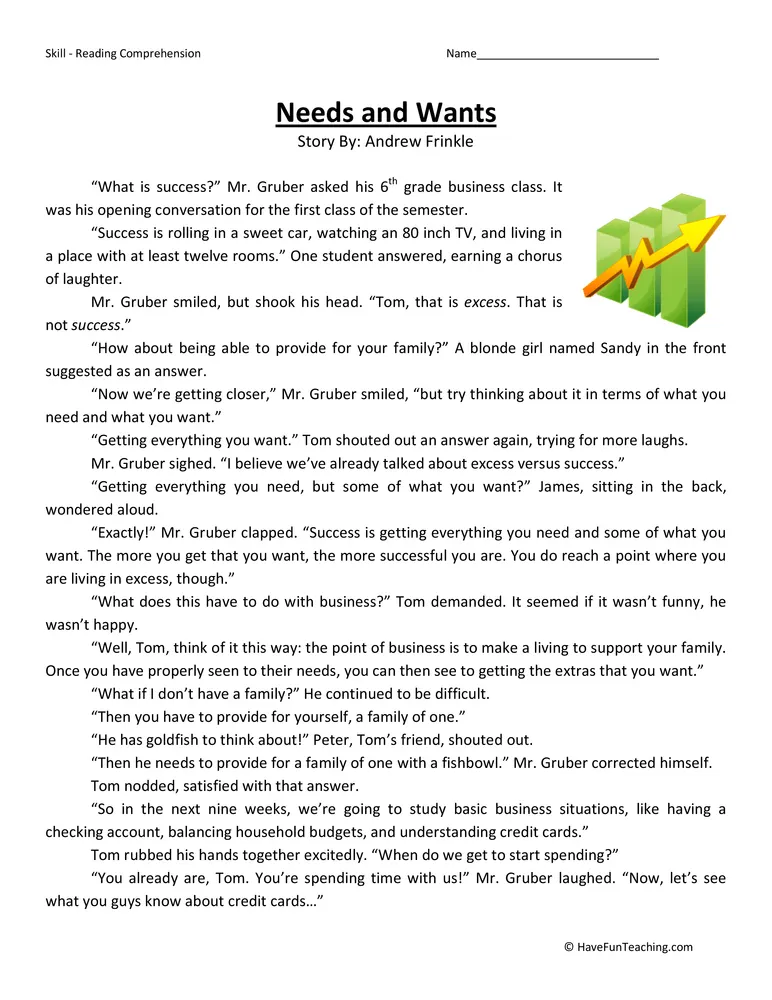 Needs and Wants Reading Comprehension Worksheet by Teach Simple