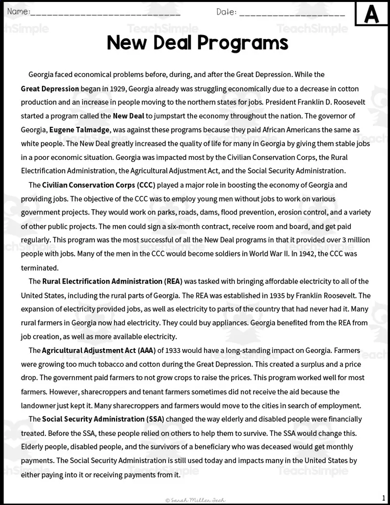 New Deal Programs Reading Packet by Teach Simple New Deal Programs Reading Packet by Teach Simple