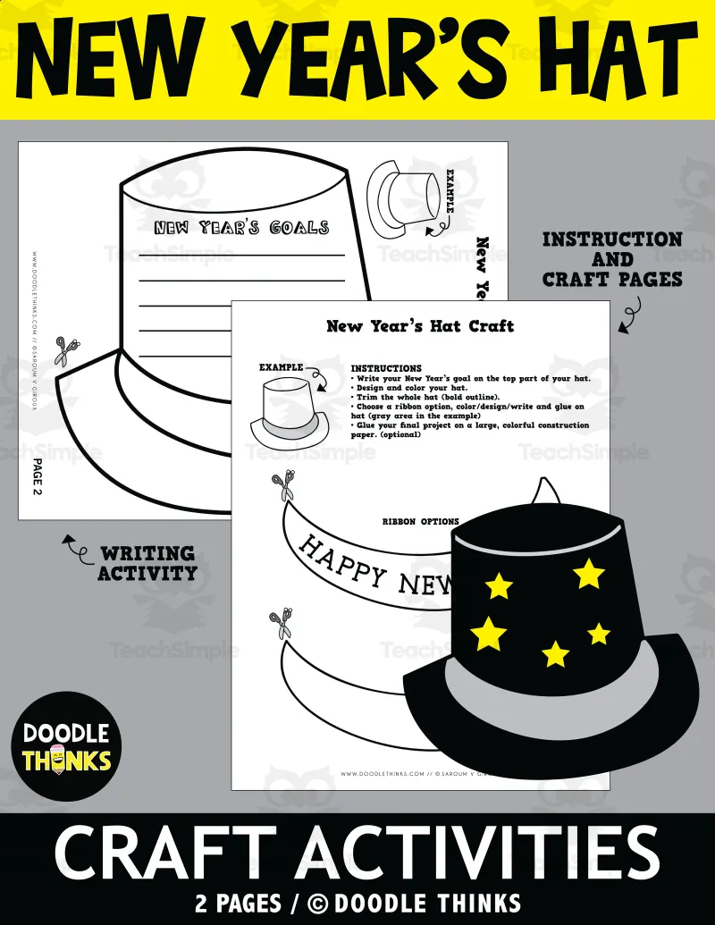 New Year's Hat Coloring and Writing Paper Craft by Teach Simple