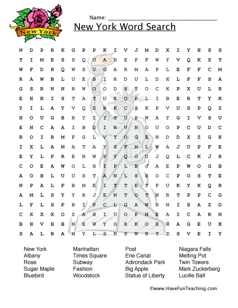 New York Word Search Worksheet by Teach Simple