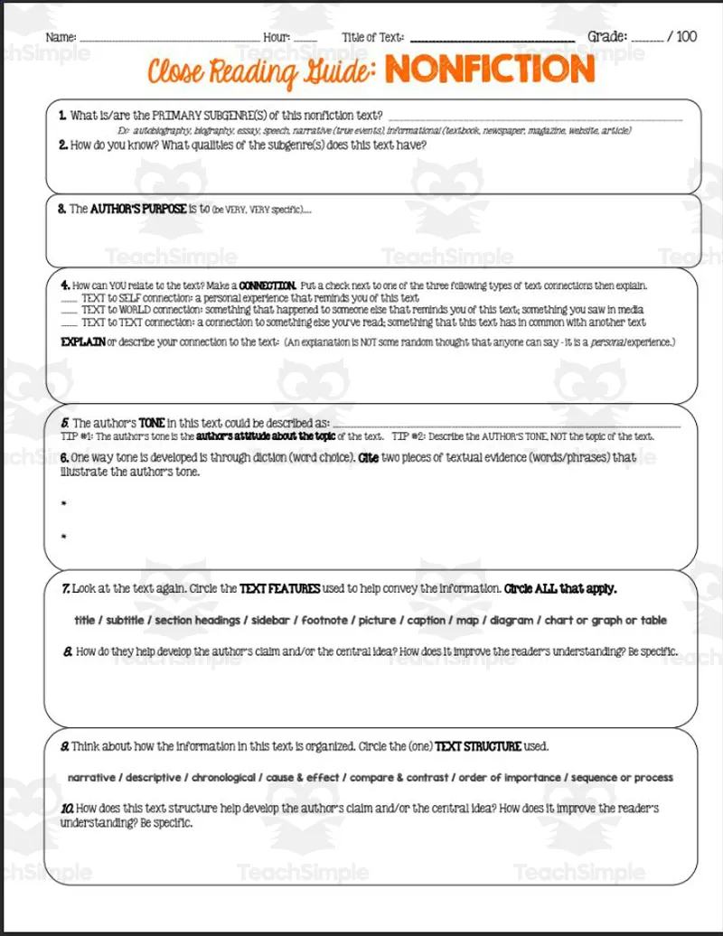 Nonfiction Close Reading Guide by Teach Simple