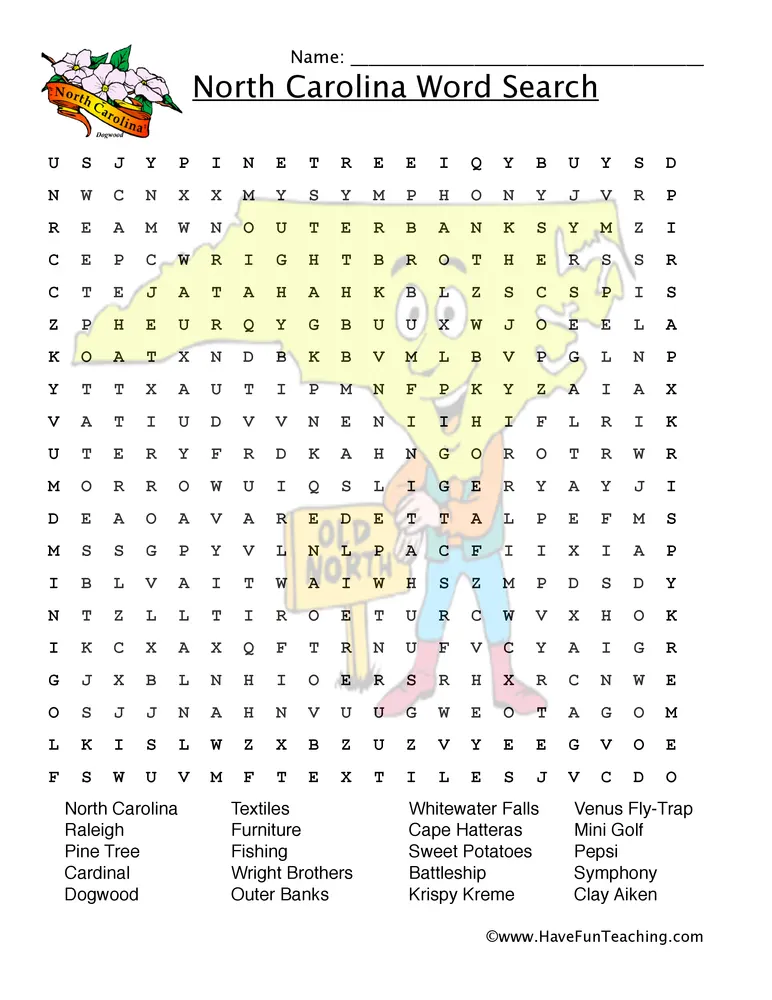 North Carolina Word Search Worksheet by Teach Simple