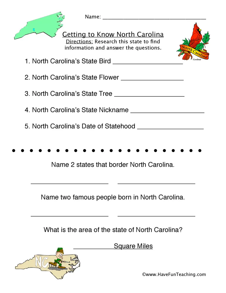 North Carolina Worksheet by Teach Simple