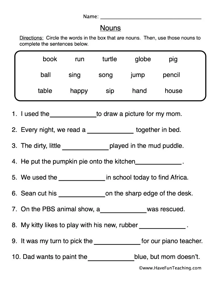Noun Fill in the Blanks Worksheet by Teach Simple
