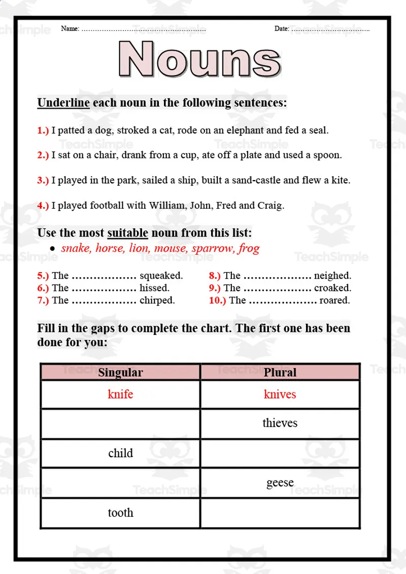 Nouns Worksheet by Teach Simple