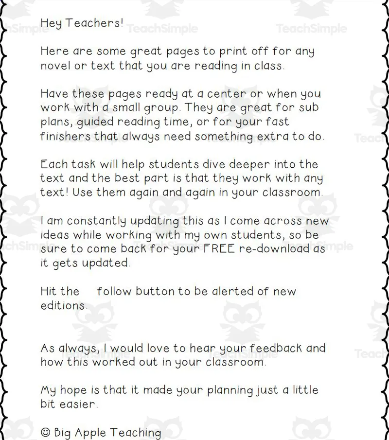 Novel Study: Generic Activities by Teach Simple