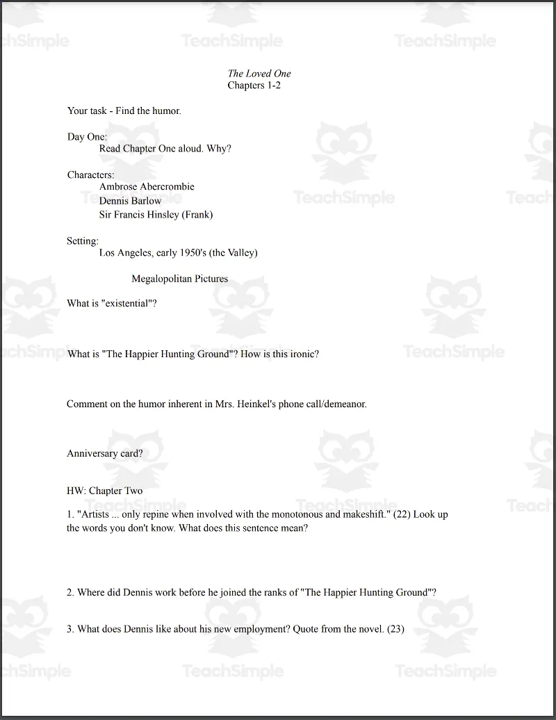 Novel Study Guide: Evelyn Waugh's The Loved One by Teach Simple