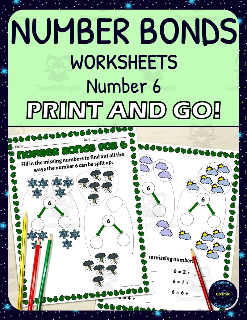 Number Bonds for 6 Worksheets by Teach Simple