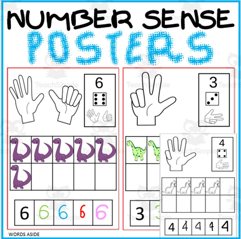 Number Sense POSTERS : dinosaurs (color/ b&w) by Teach Simple