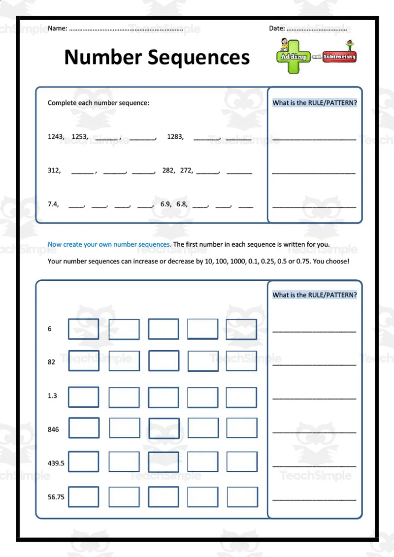 Number Sequences Math Worksheet by Teach Simple