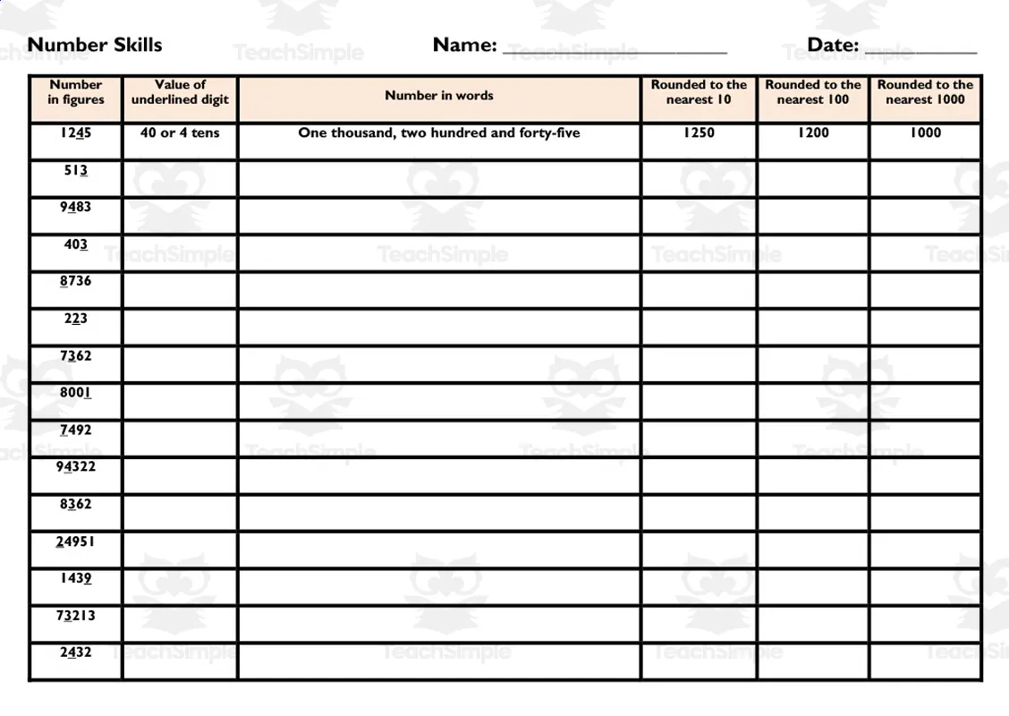 Number Skills Worksheet by Teach Simple