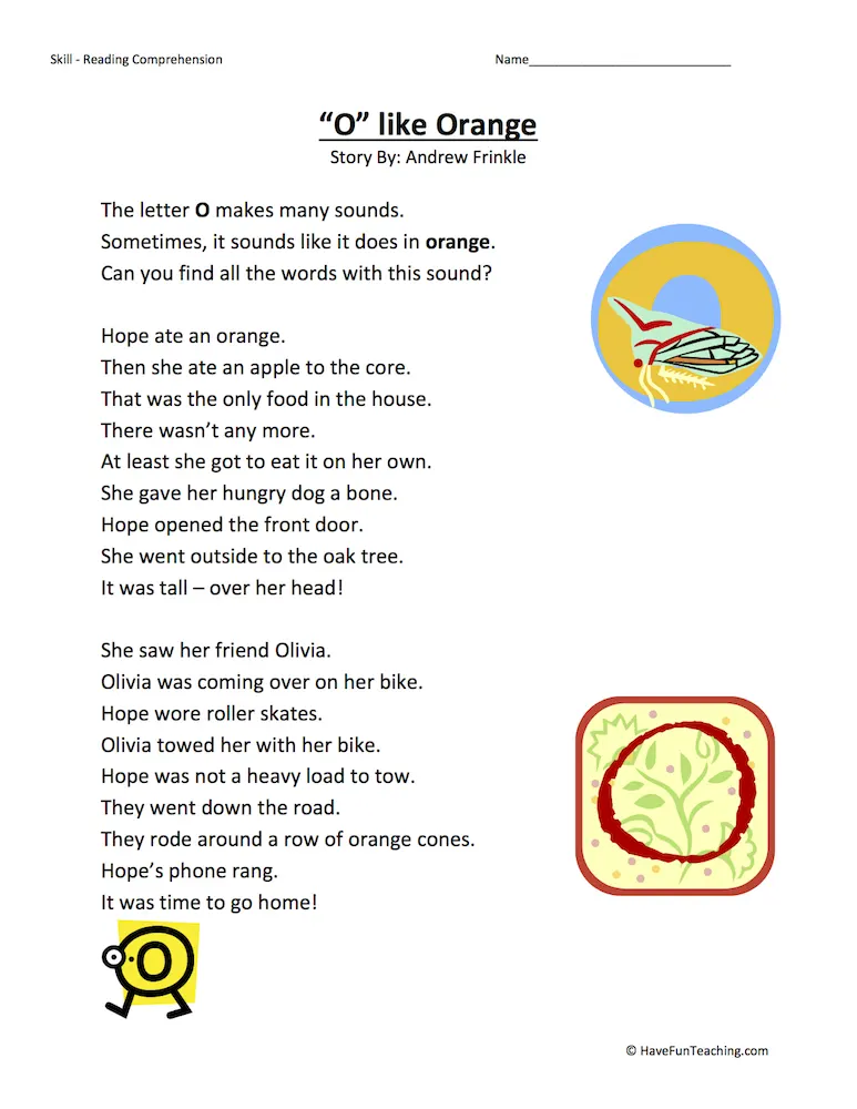 O Like Orange Reading Comprehension Worksheet by Teach Simple