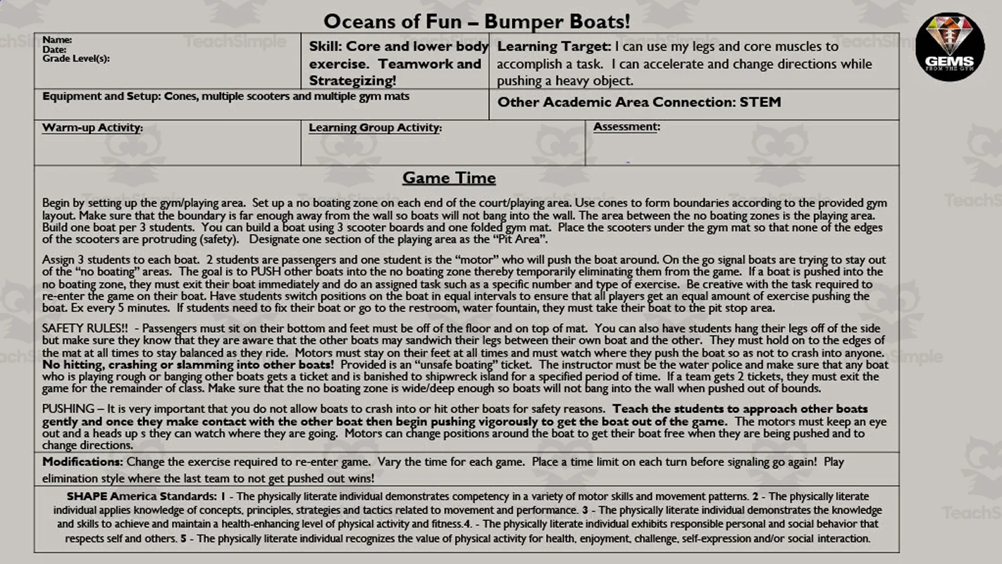 Oceans of Fun PE Game - Bumper Boats by Teach Simple