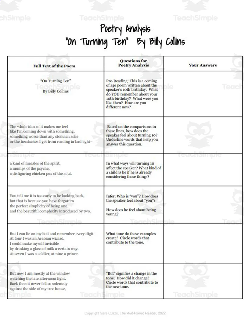 On Turning Ten by Billy Collins line-by-line chunked poetry analysis ...
