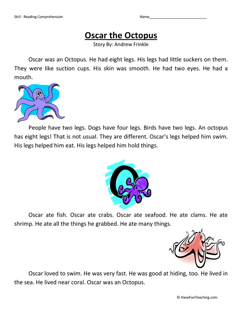 Oscar the Octopus Reading Comprehension Worksheet by Teach Simple