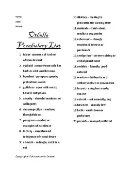 Othello Vocabulary Quiz by Teach Simple