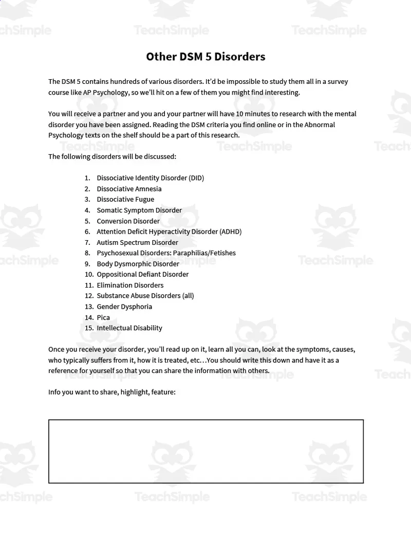 Other DSM 5 Disorders Worksheet by Teach Simple