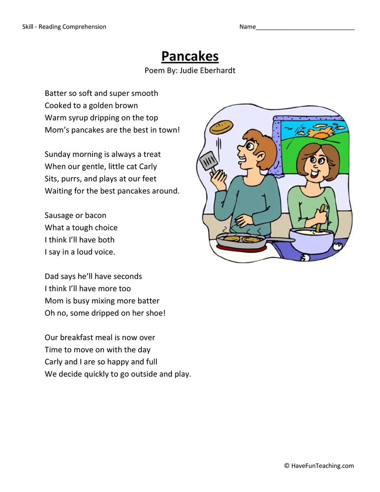 Pancakes Reading Comprehension Worksheet by Teach Simple