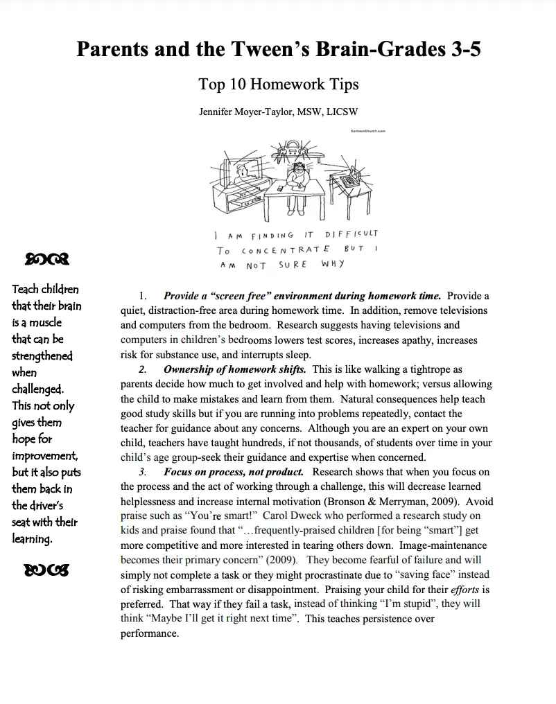 Parent Handout About Homework Tips For Tweens (Grades 3rd-5th) by Teach ...