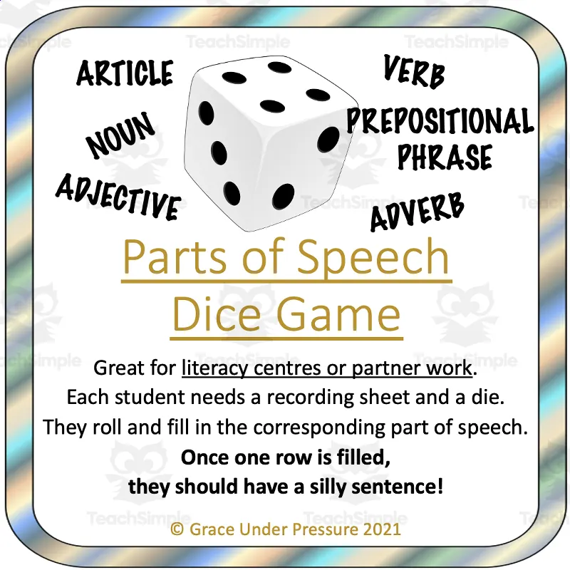 Parts of Speech Dice Game: A Quick and Easy Way to Practice Grammar by ...