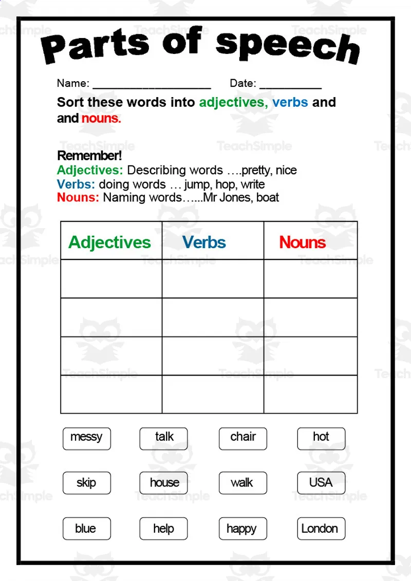 Parts of Speech Worksheet 2 by Teach Simple